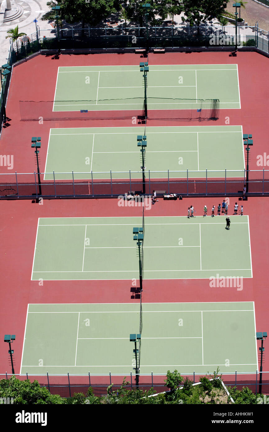 Aerial View of Children Learning Tennis on a Red and Green Tennis ...