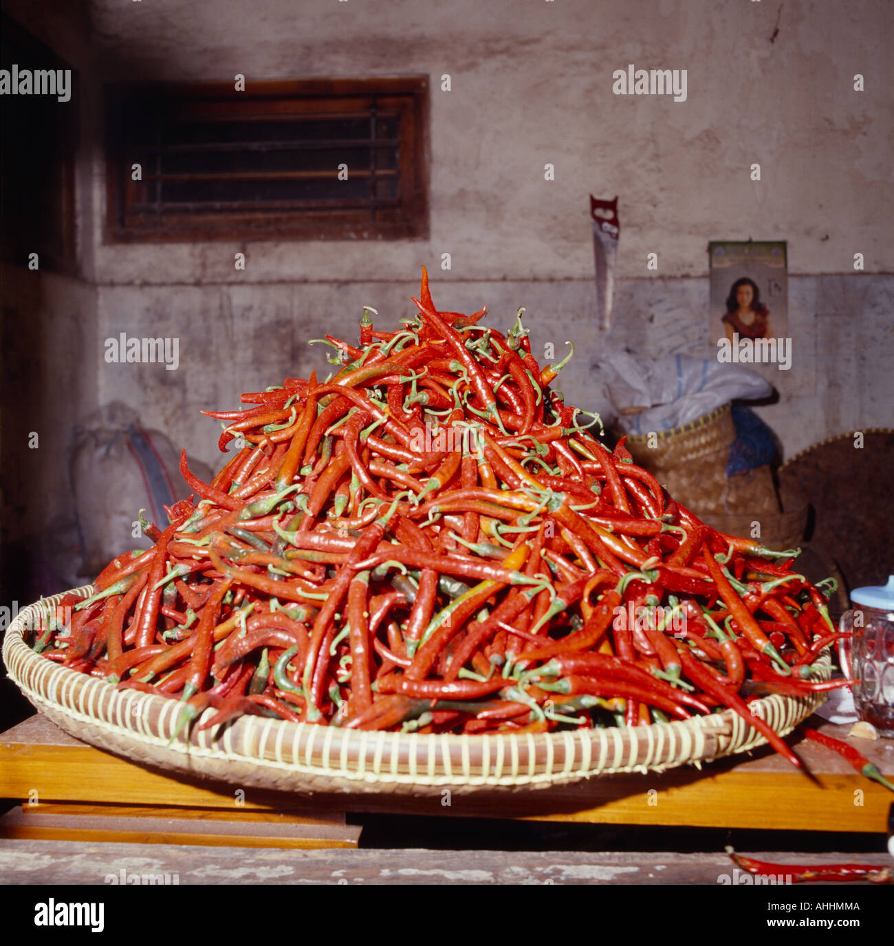INDONESIA Southeast Asia Java Yogyakarta Red chili peppers on rattan ...