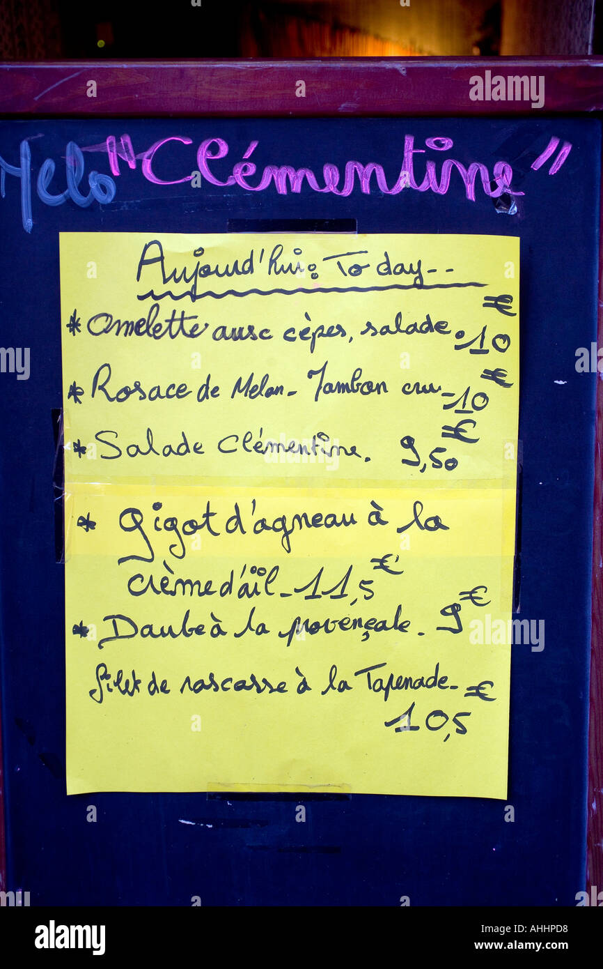 CLEMENTINE RESTAURANT MENU MENERBES PROVENCE FRANCE Stock Photo - Alamy