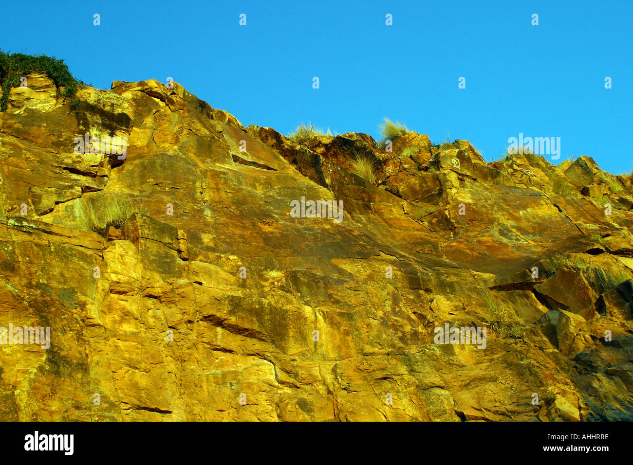Solid golden rock face during sunset on the banks of the Brisbane River ...