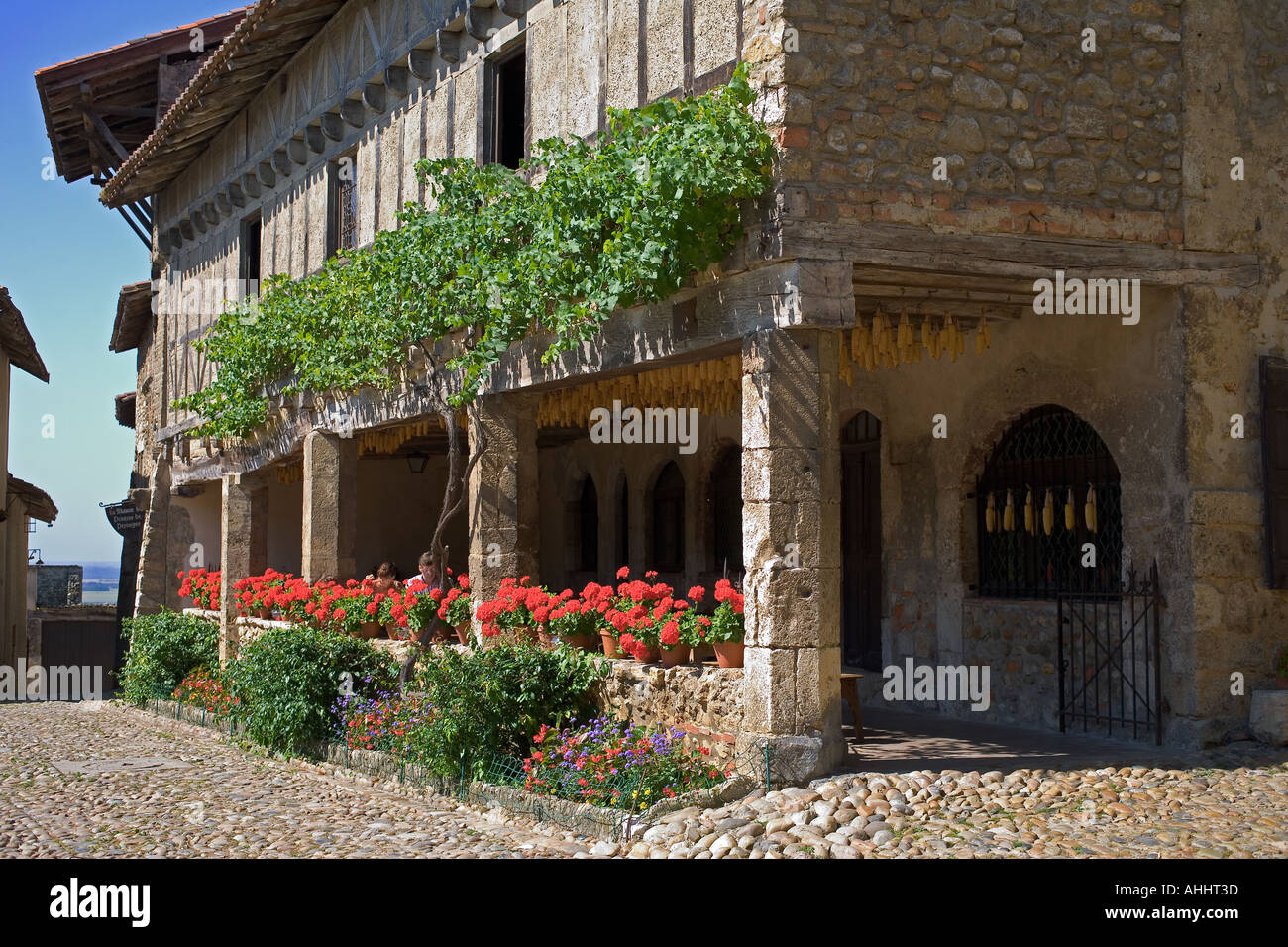 HALF-TIMBERED HOUSE WITH A CAFE TERRACE PEROUGES MEDIEVAL CITY RHONE ...