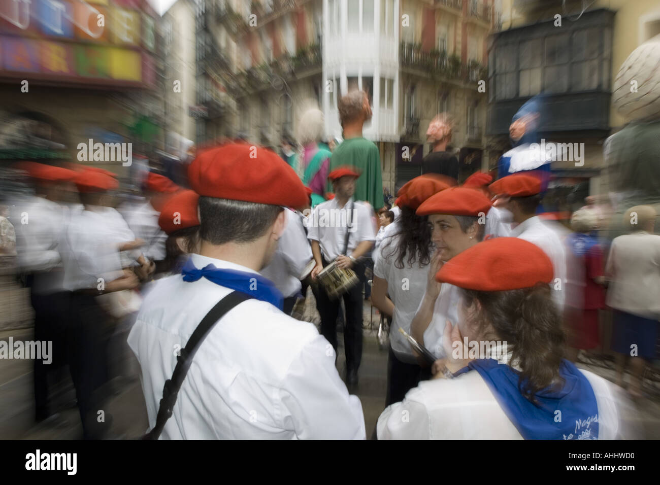 Band members wearing traditional Basque red beret Bilbao Spain Stock ...