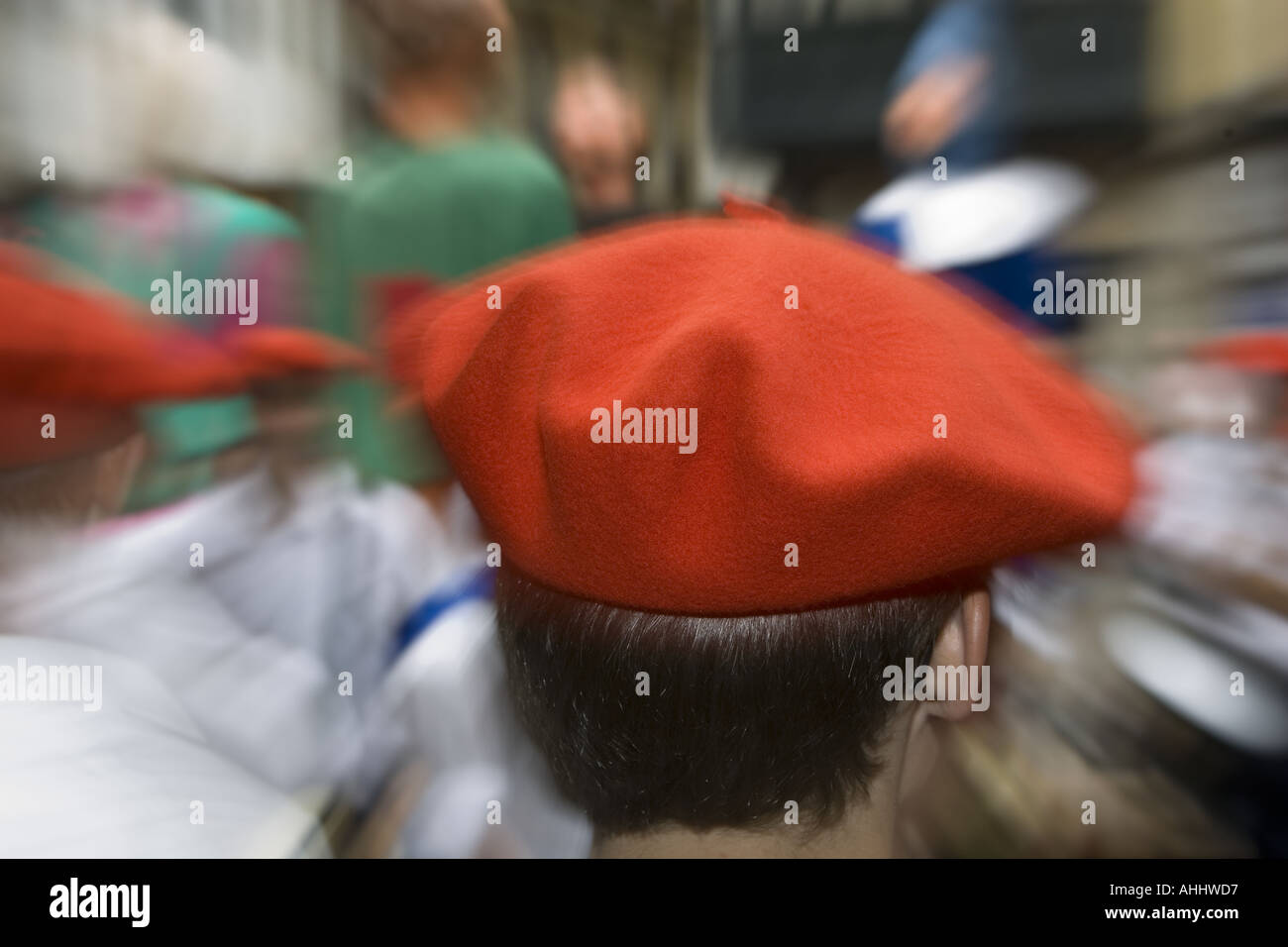 Member of a traditional Basque band wearing red berets parade in Bilbao ...