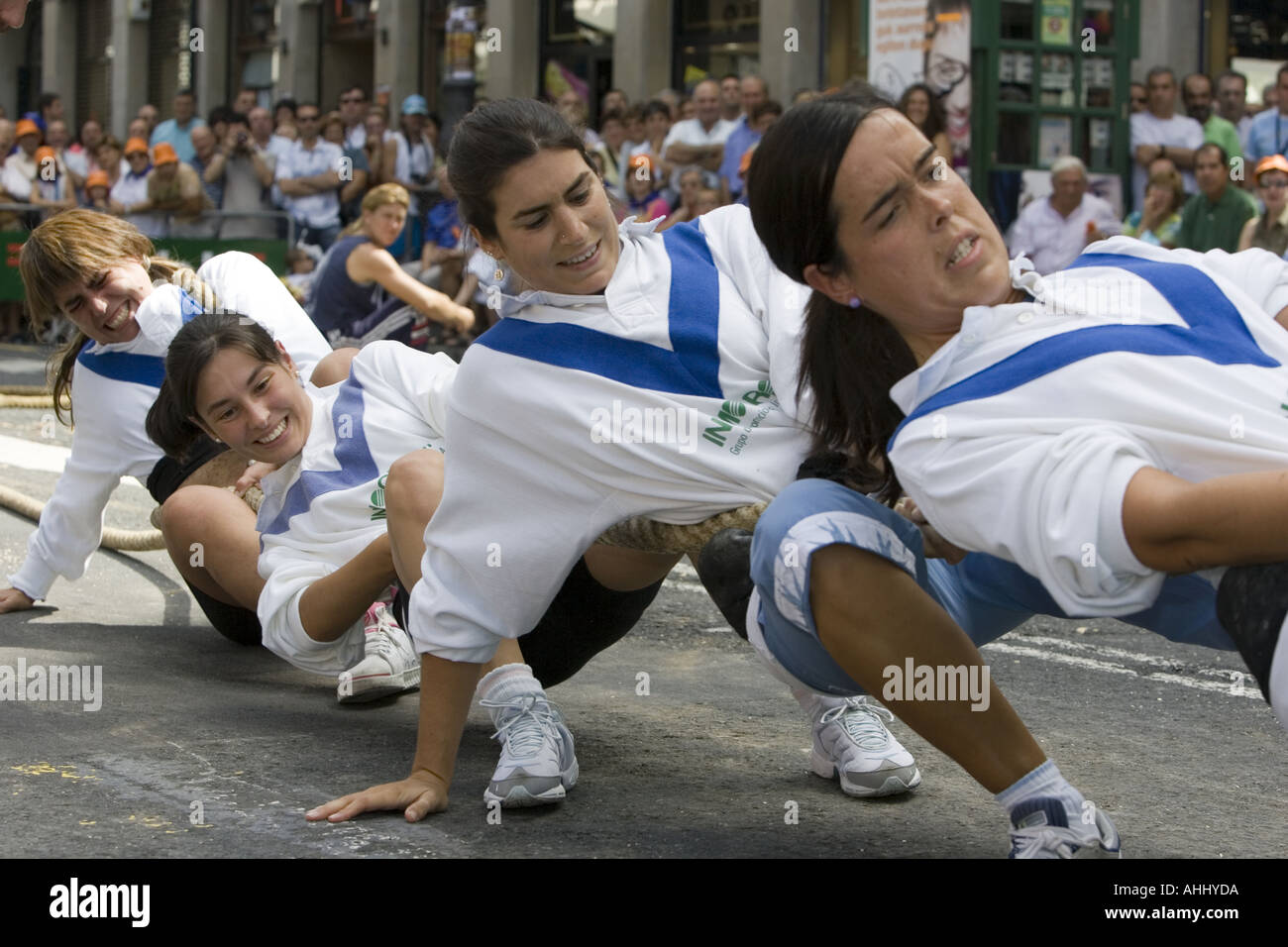 Female tug of war team competing in Basque Strong Man games in Bilbao ...