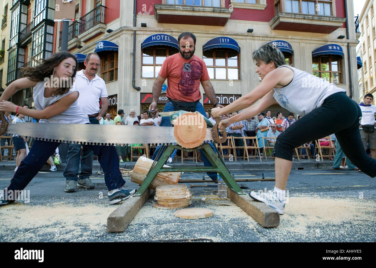 Female competitors in log sawing contest during Basque Strong Man games ...