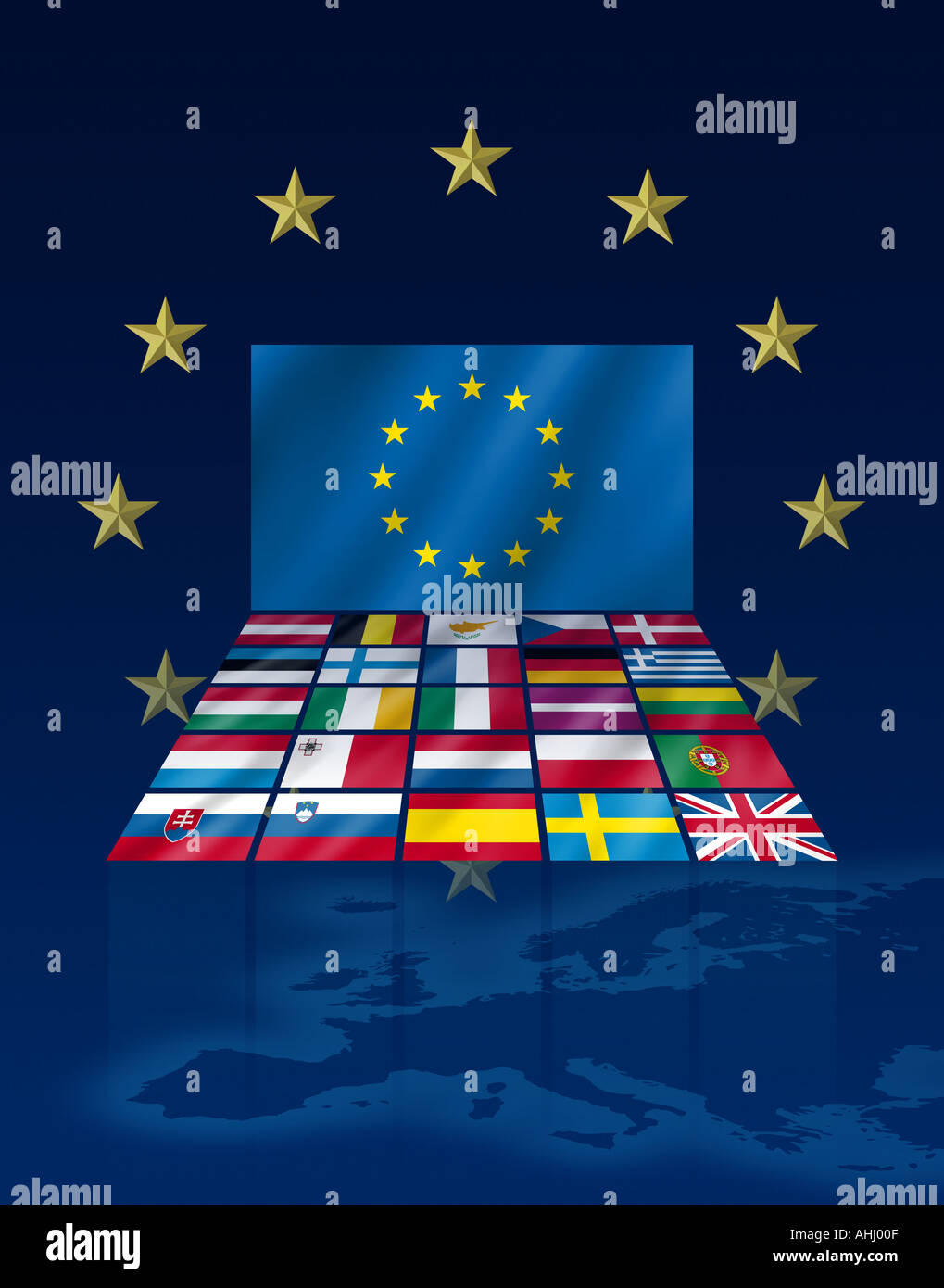 European Union symbolism with the map of Europe faintly in the lower ...