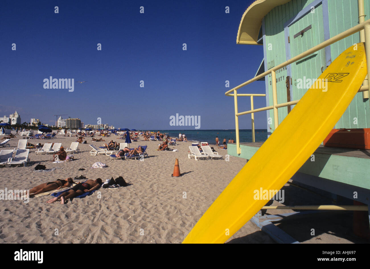 surfboard and lifeguard tower in Miami beach Florida Usa Stock Photo ...