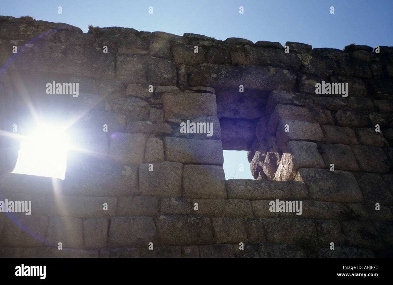 View up at Inca wall in Lost City of the Incas with windows and ...