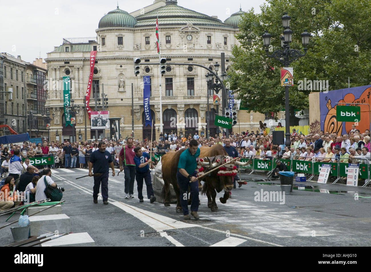 Two horned cows pull a granite block during the Basque Strong Man games ...