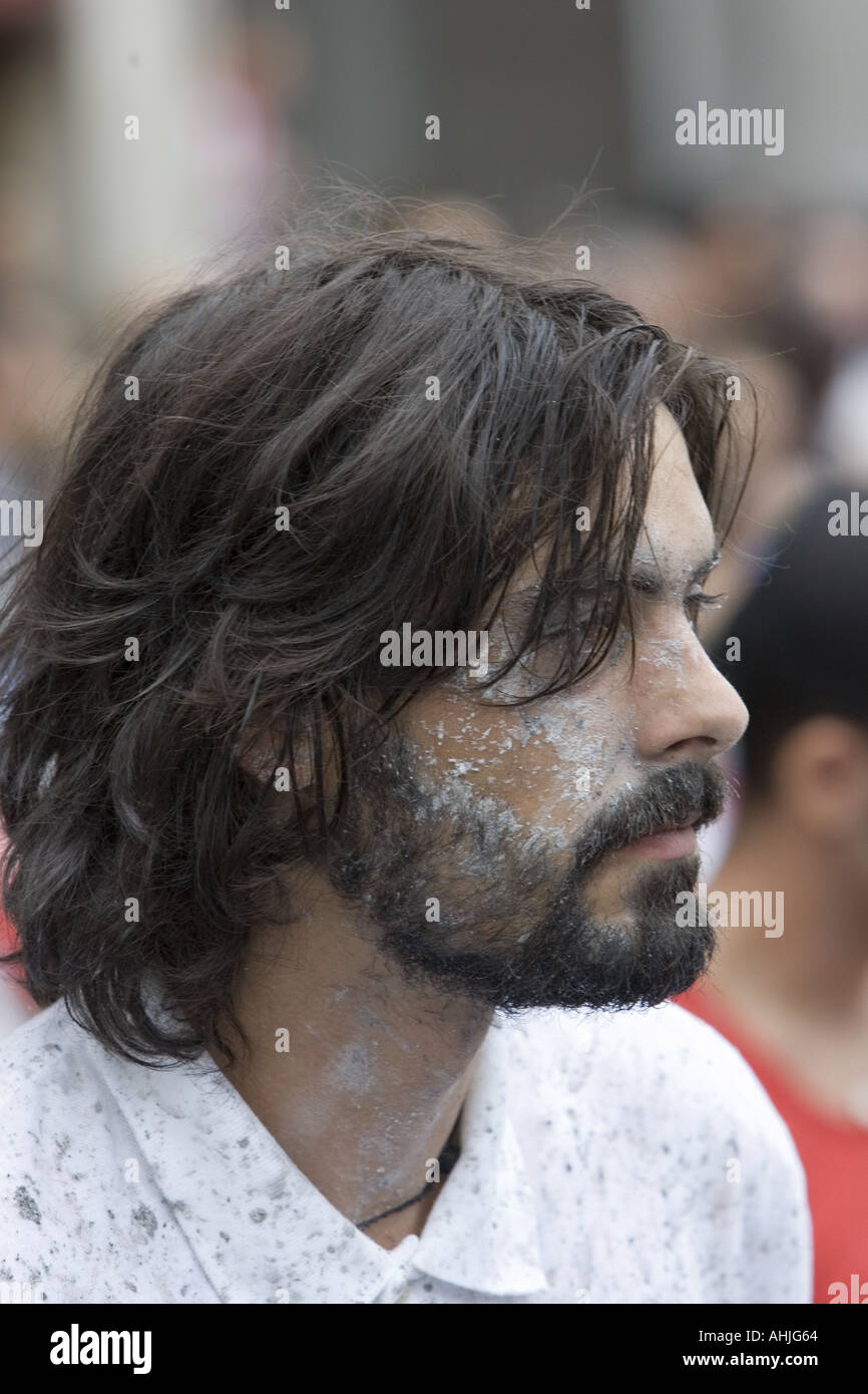 Muddied face of a competitor in Basque Strong Man games Bilbao northern ...