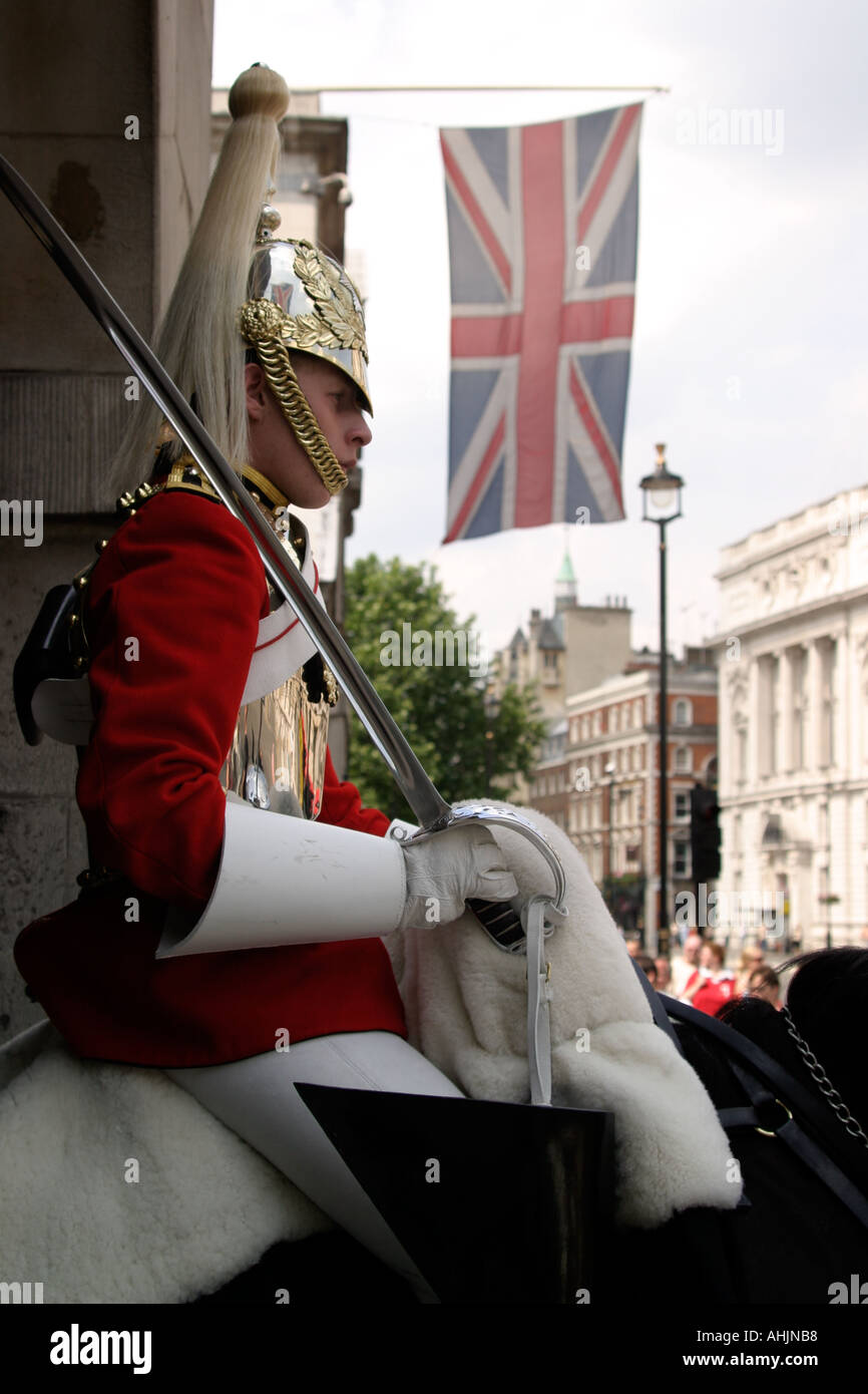 Mounted Soldier and Union Jack Flag London England Summer 2005 Stock ...