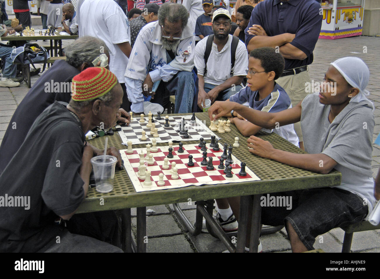 Chess Match between black players of widely differing ages, Hart Plaza ...