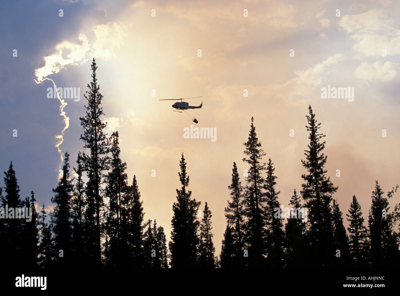 Canada Yukon Territory Helicopter carries water bucket toward forest ...