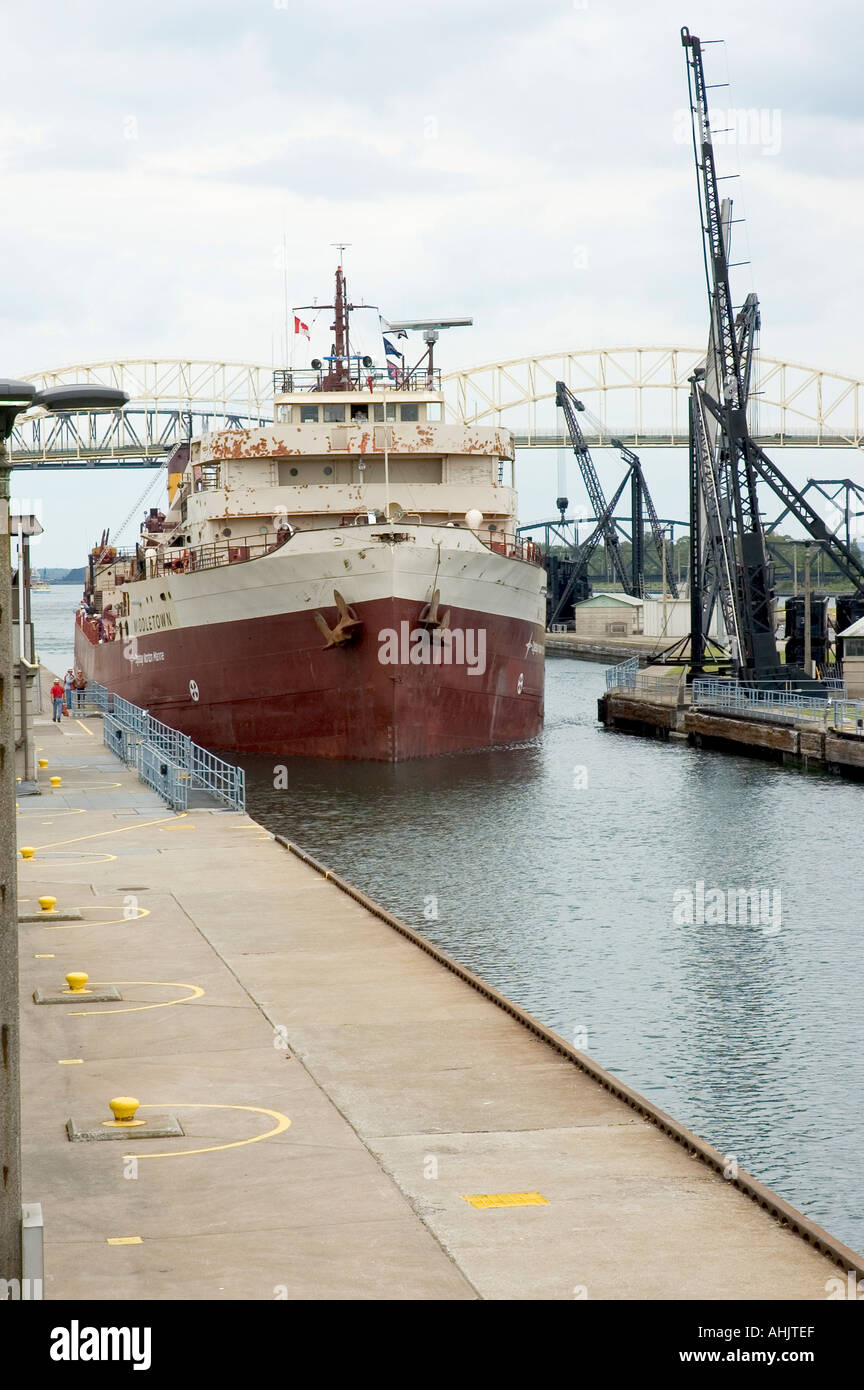 1 IN A SERIES OF 10 PHOTOS. Freighter entering the Soo Locks, Sault Ste ...