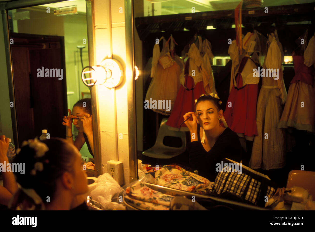USA Washington Seattle Brittany Reid applies make up before dancing in ...