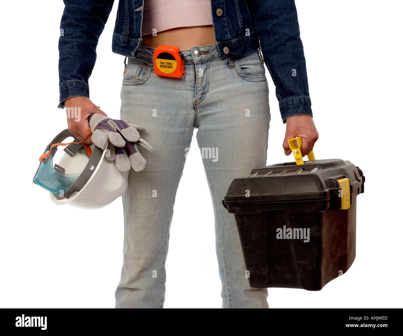 Woman holding a hard hat and tool box Stock Photo - Alamy