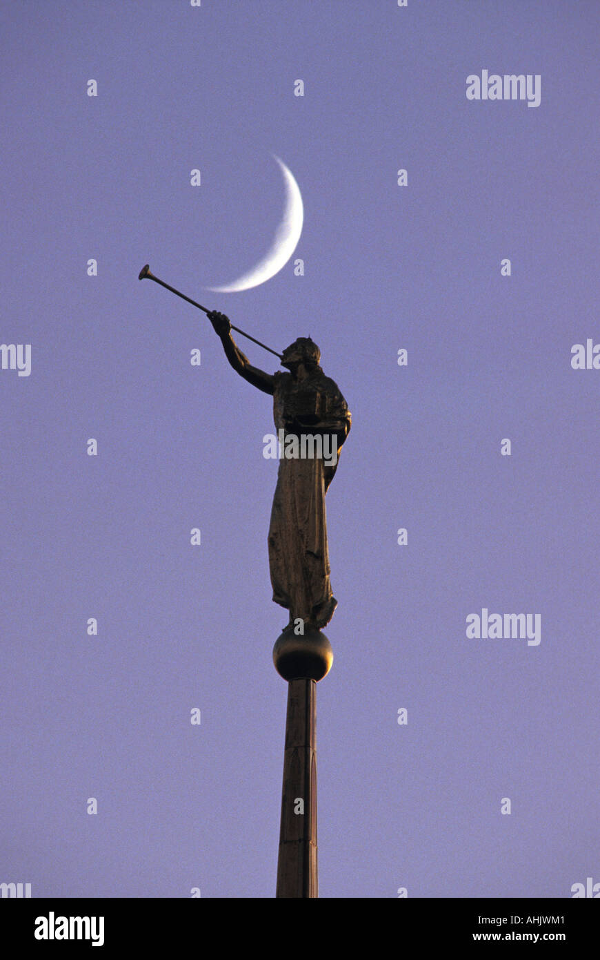 USA Maryland Kensington Crescent moon behind Angel Moroni atop Mormon ...