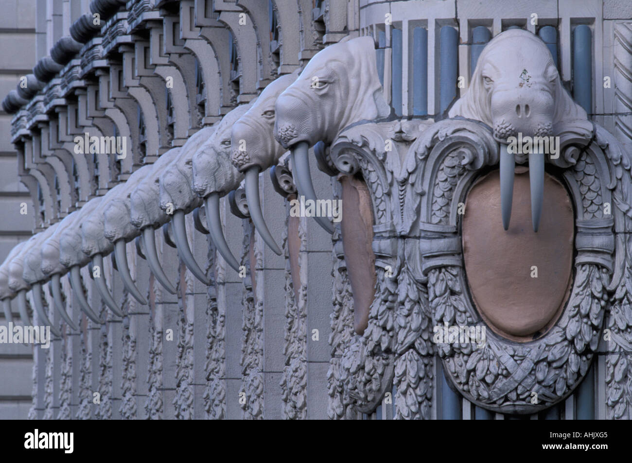 USA Washington Seattle Terra cotta walrus heads on exterior of Arctic ...
