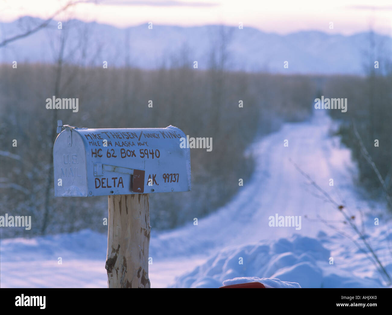 USA Alaska Delta Rural mailbox at end of snow covered side road at Mile ...