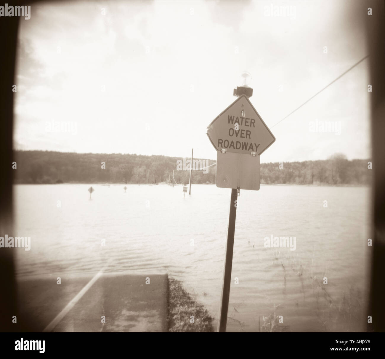 USA Washington North Bend Warning sign on country road blocked by flood ...