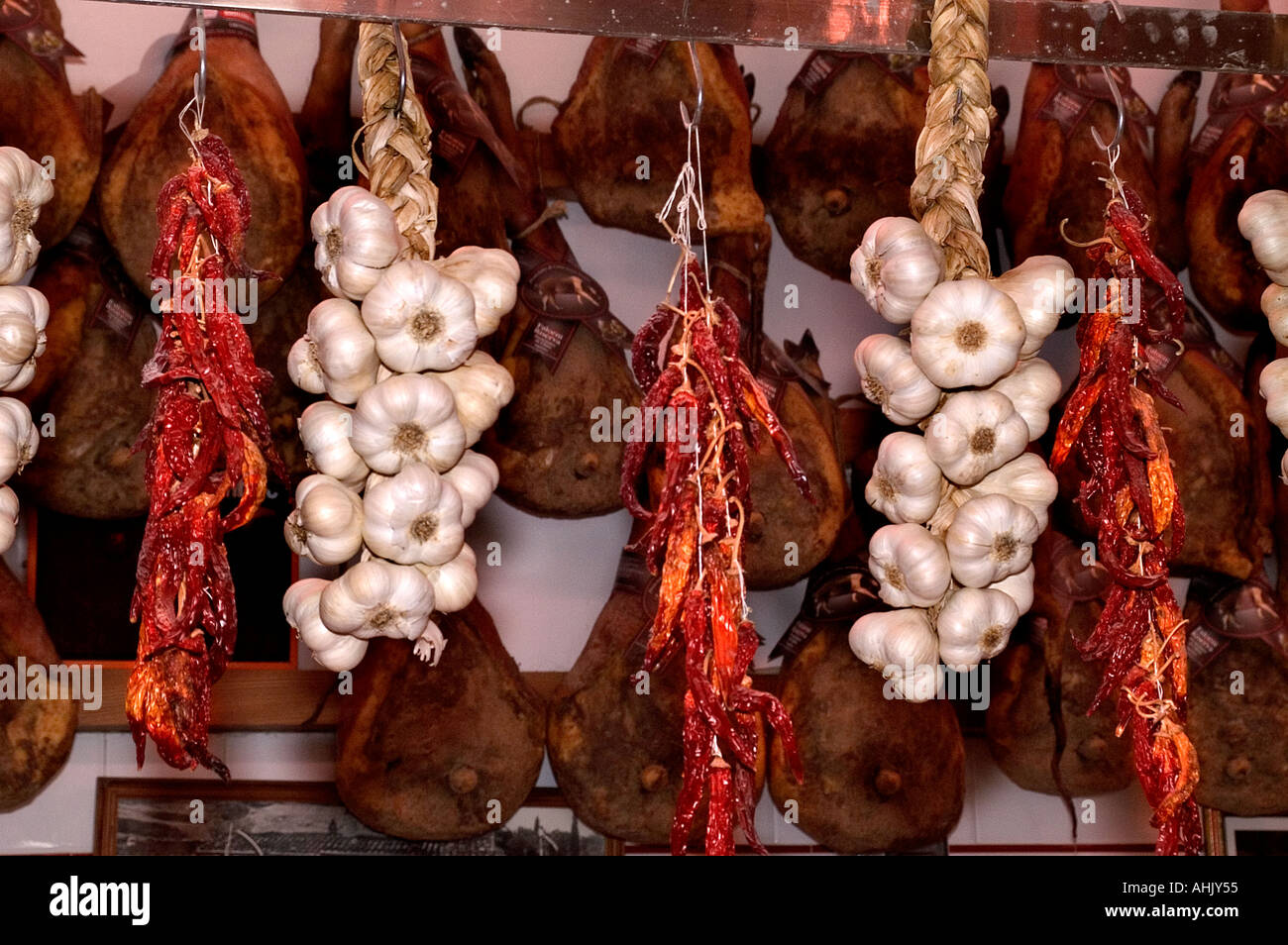 Tuscany Italy Italian cured Ham Parma Butcher shop garlic Stock Photo ...