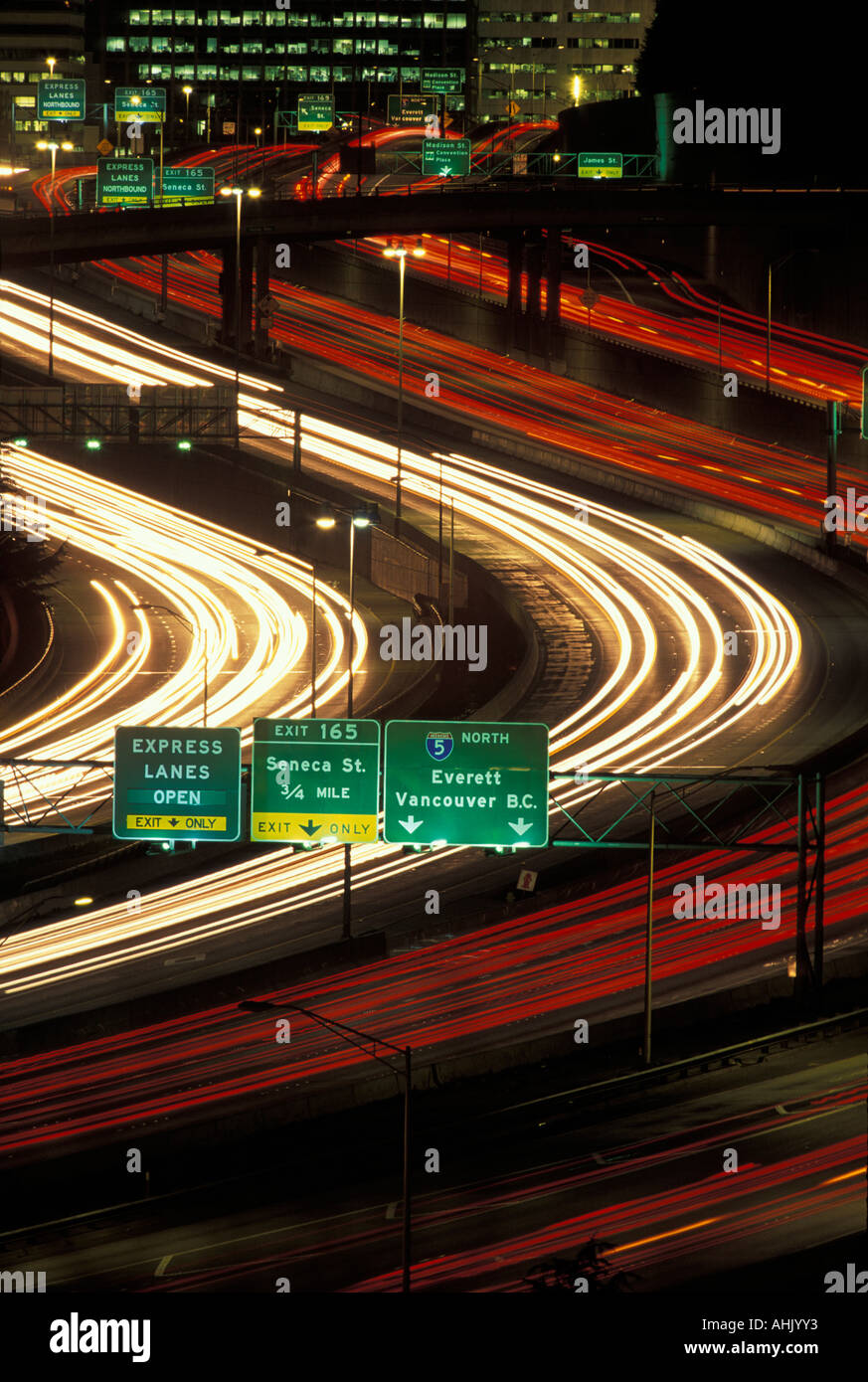 USA Washington Seattle Rush hour traffic winds up Interstate 5 through ...