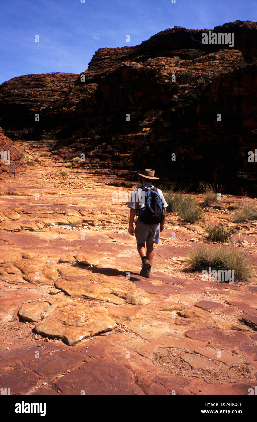 Tour guide treks across red, rocky terrain at top of Kings Canyon ...