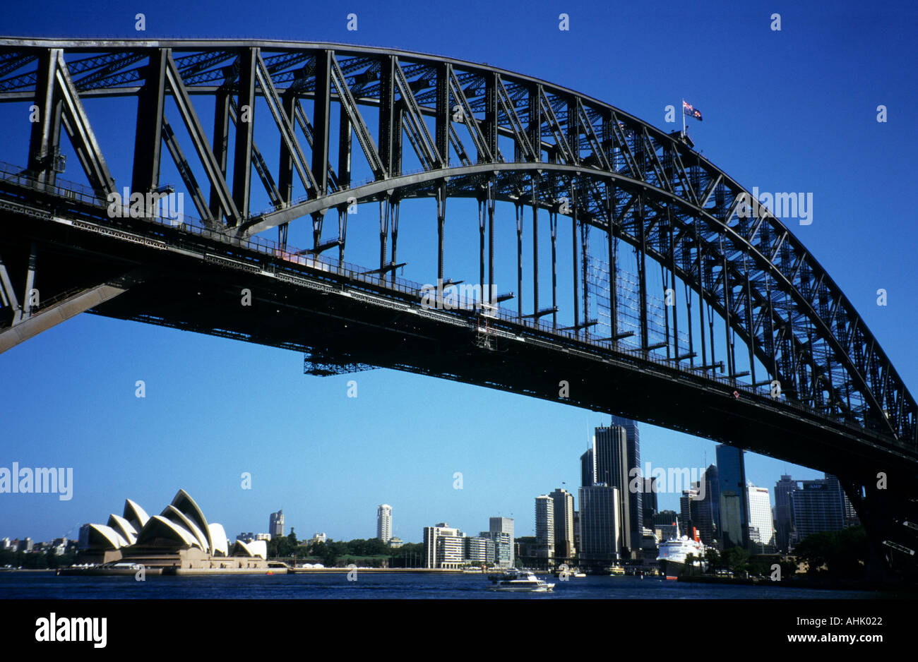 World famous Sydney Harbour Bridge with Sydney Opera House, QE2 and ...