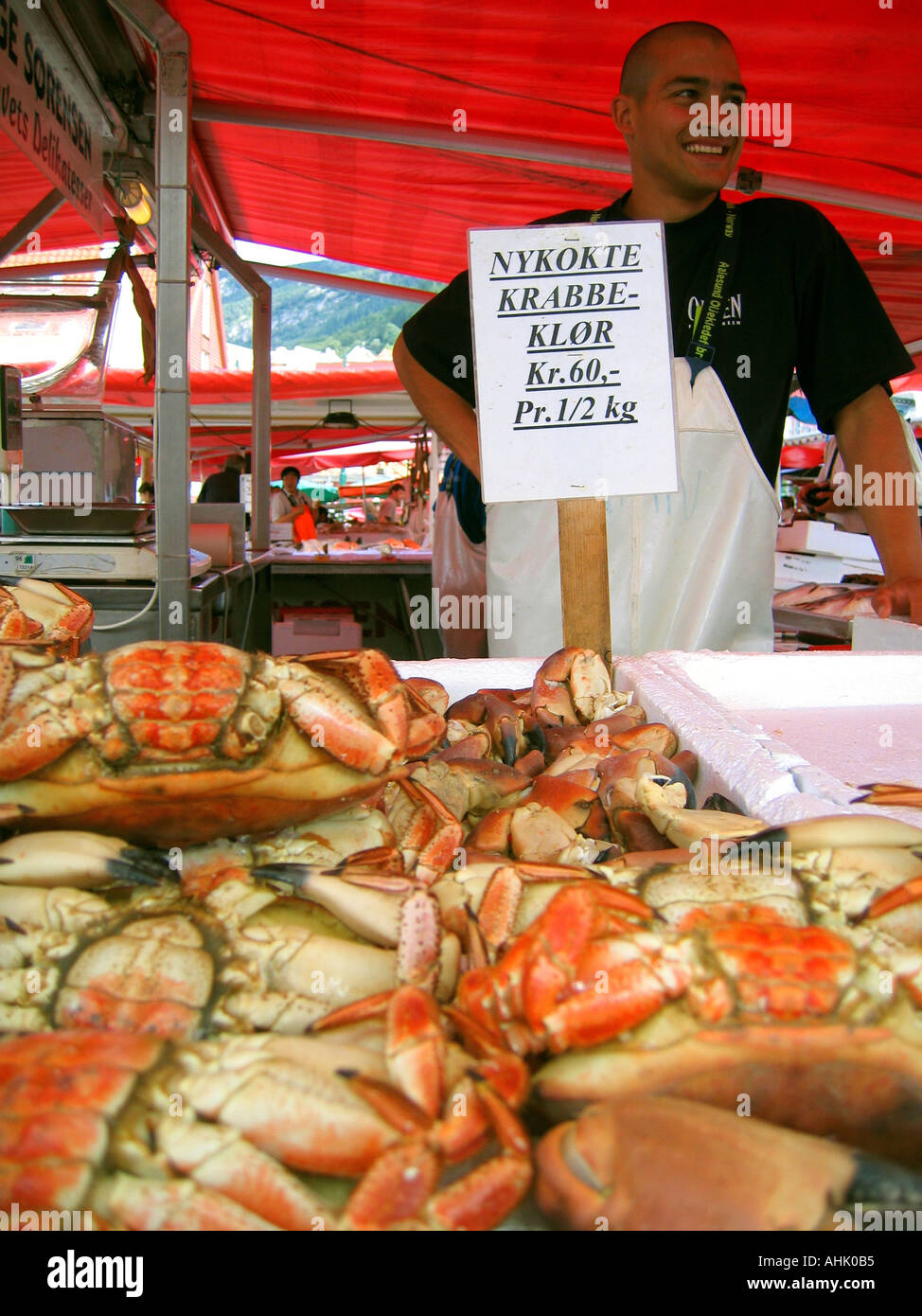 Fresh crabfish being sold at the Bergen Fish Market at Fisketorget ...