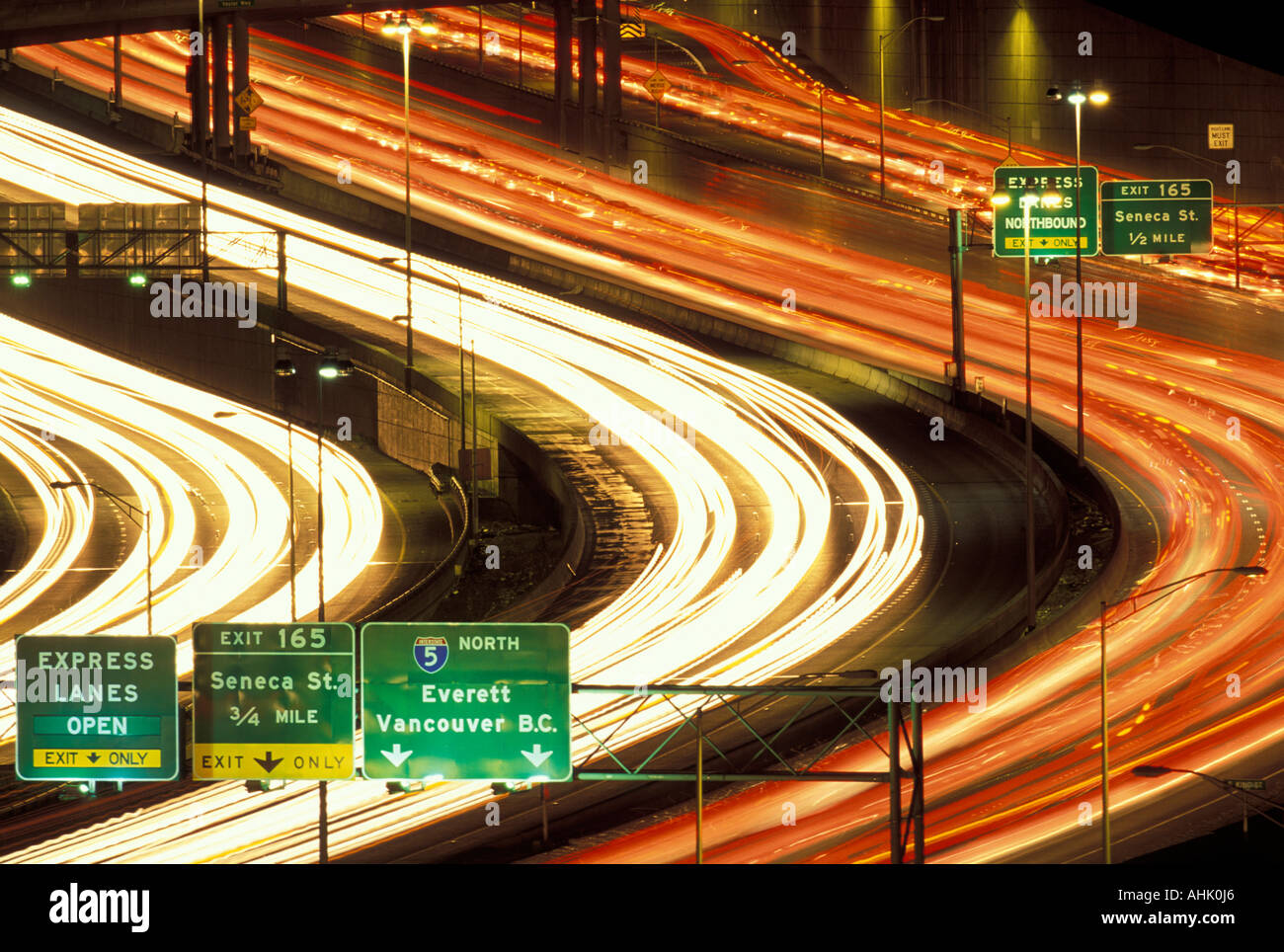 USA Washington Seattle Rush hour traffic winds up Interstate 5 through ...
