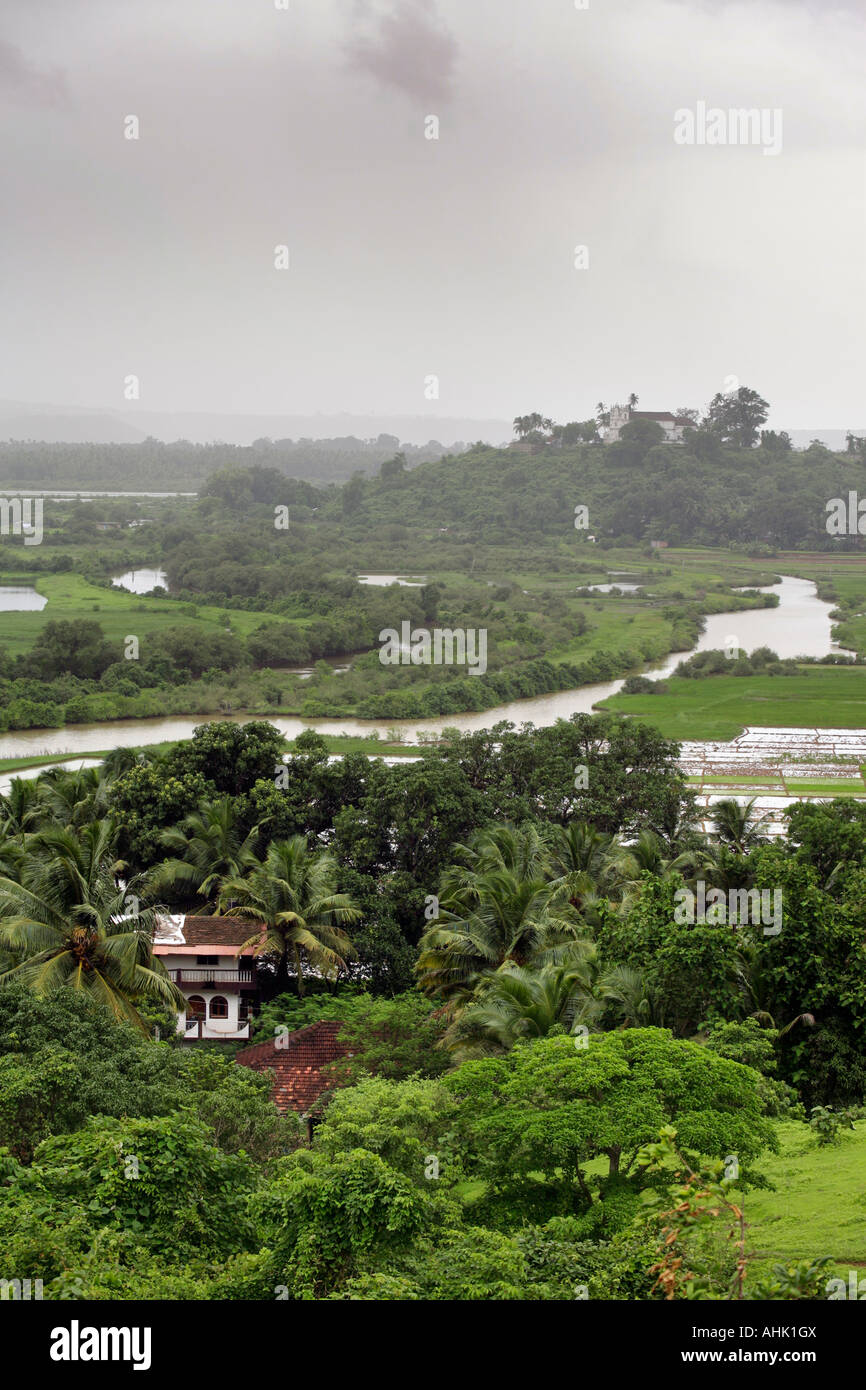 Goan countryside. Batim village during monsoon season and prawn farms ...