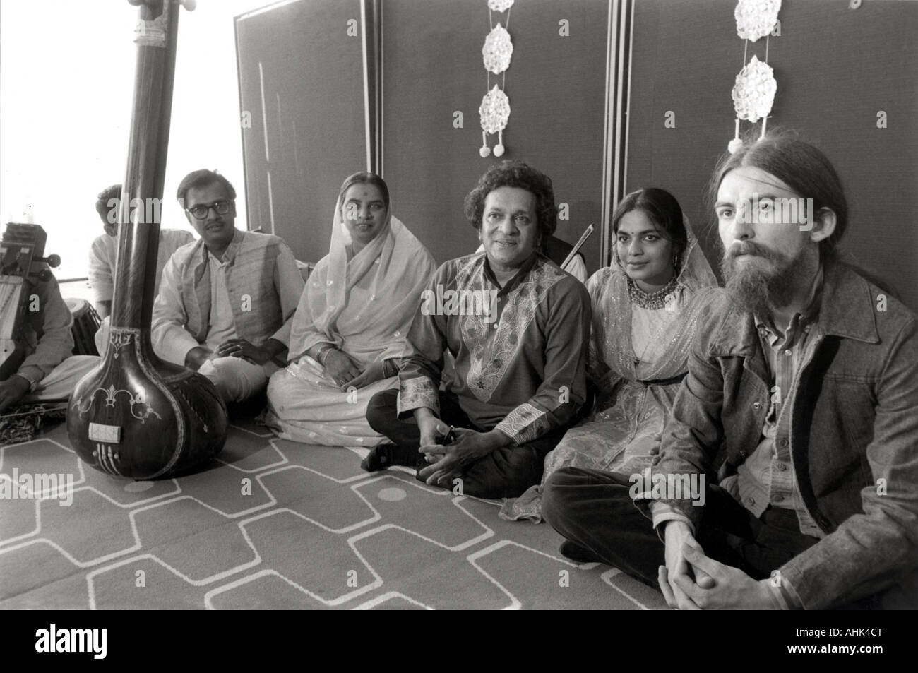 RAVI SHANKAR Indian musician at centre with George Harrison at right in ...