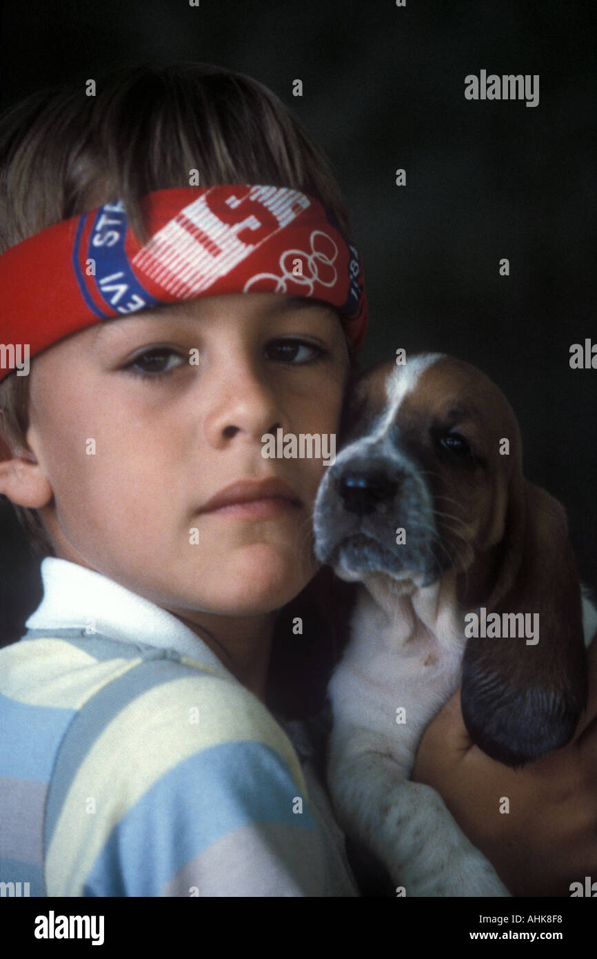 Young boy with Pet Hunting Dog Stock Photo - Alamy