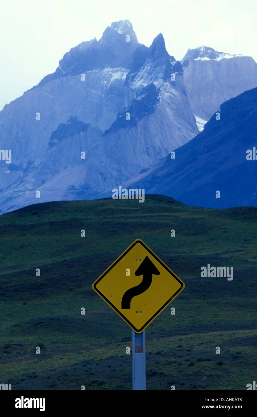 Chile Torres del Paine National Park Winding road sign and Cerro Paine ...