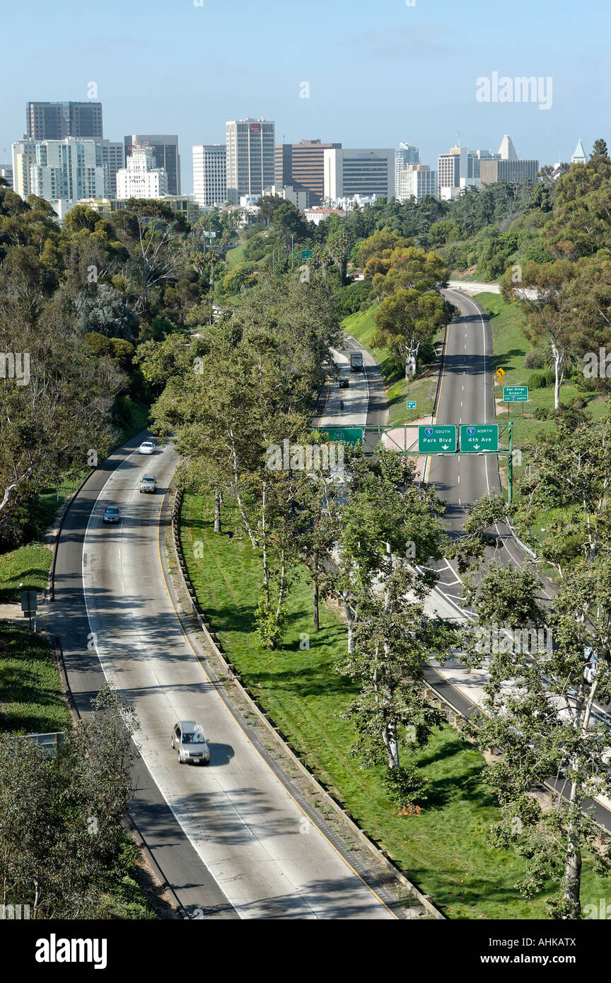 Aerial view Historic Highway 163 looking toward downtown San Diego ...