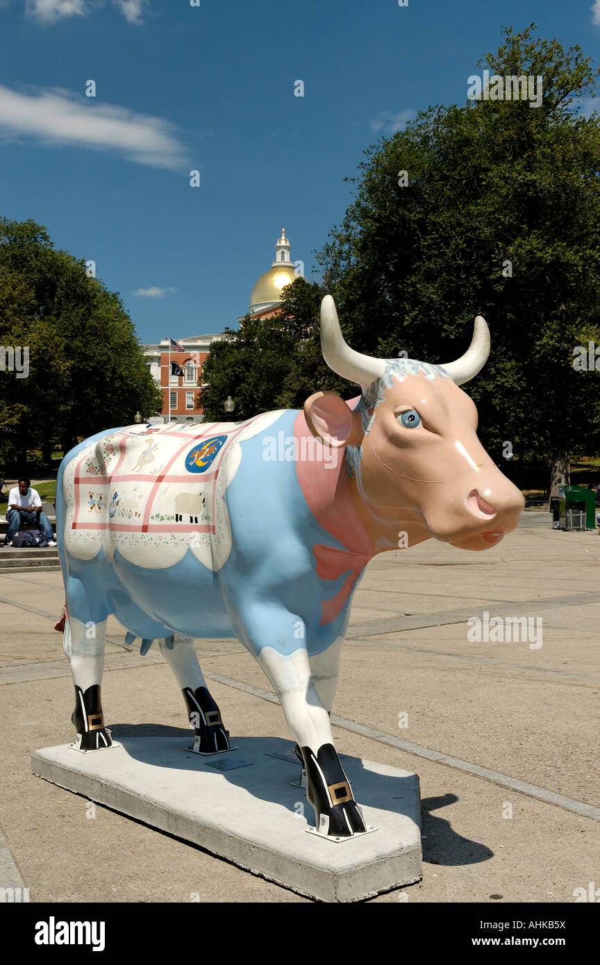 Decorated cow sculpture at Boston Common with the new State House in ...