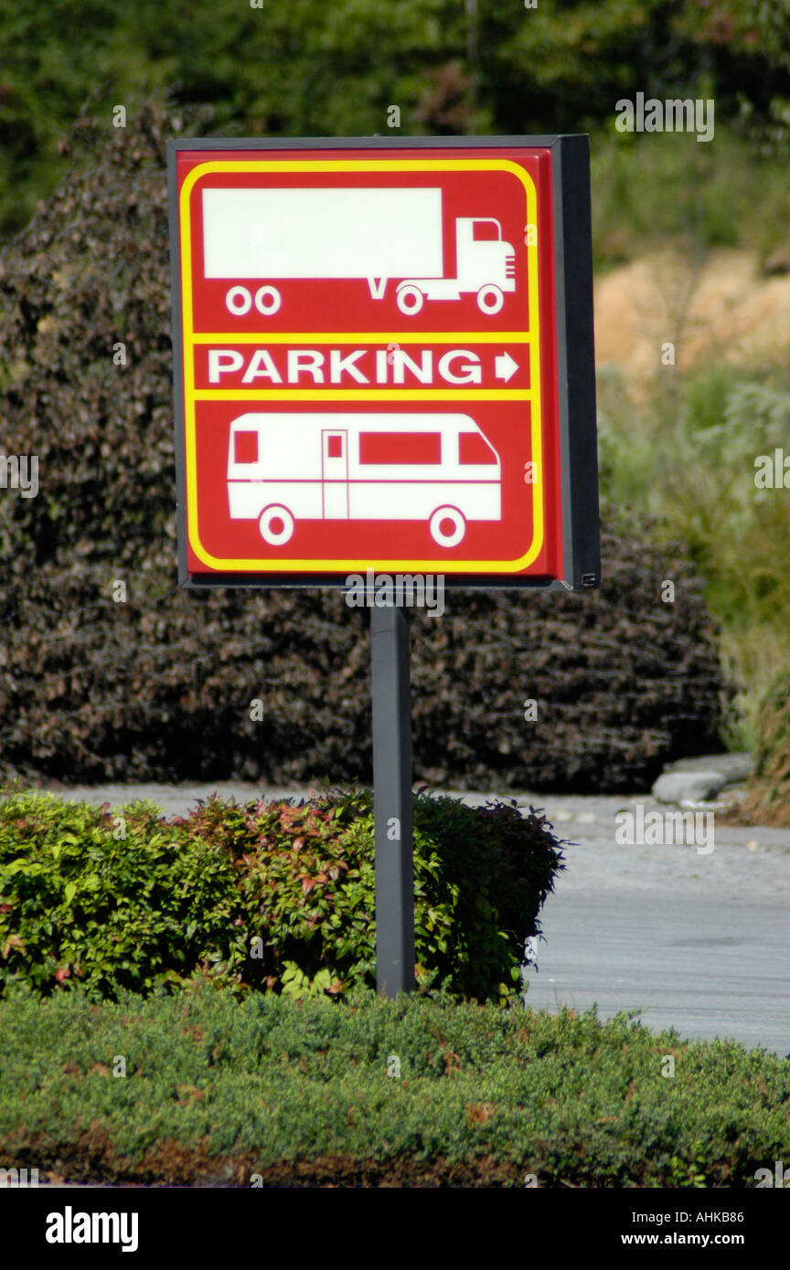 Sign for truck and RV parking at fast food restaurant in parking lot on ...