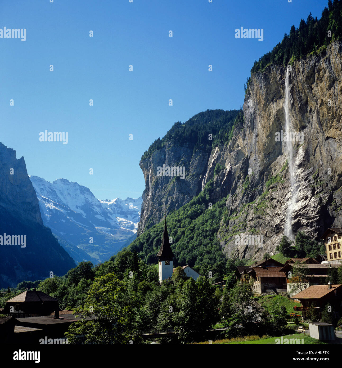 staubbach fall village of lauterbrunnen region of bernese highland ...