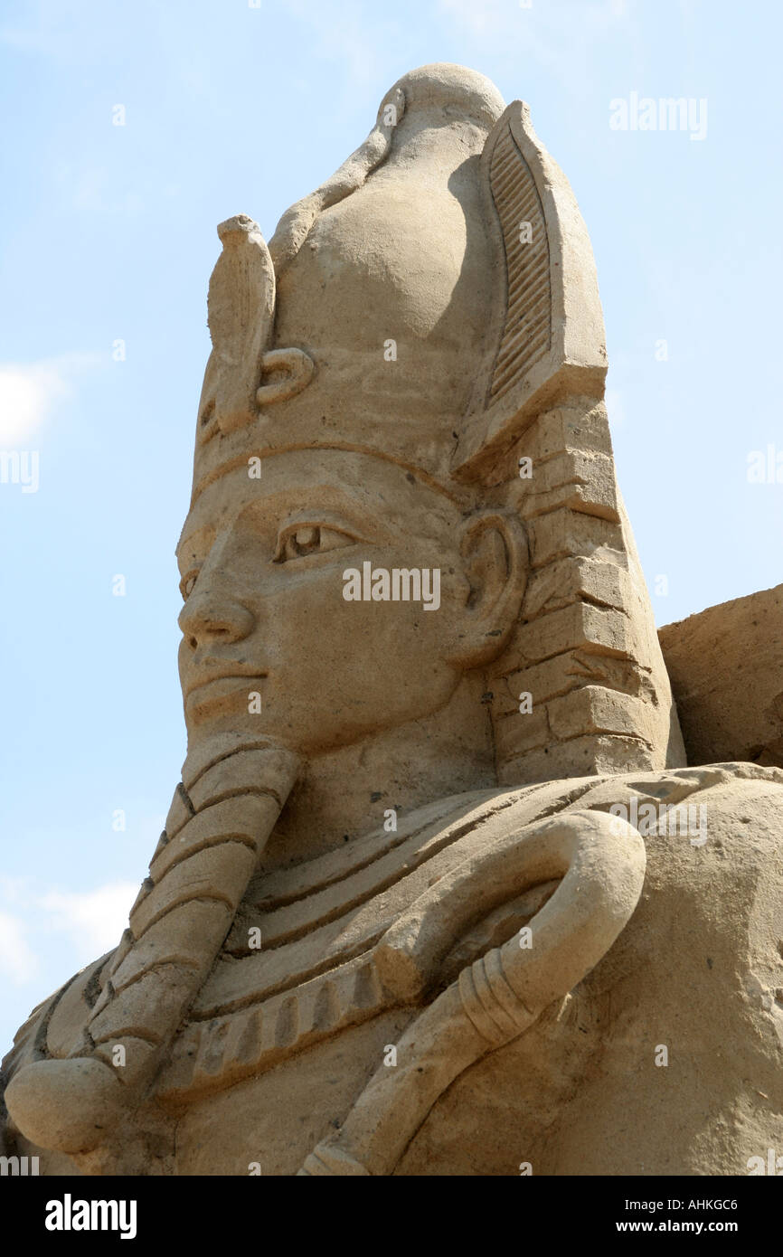 Sand sculpture of an egyptian pharaoh at the world sand sculpting ...