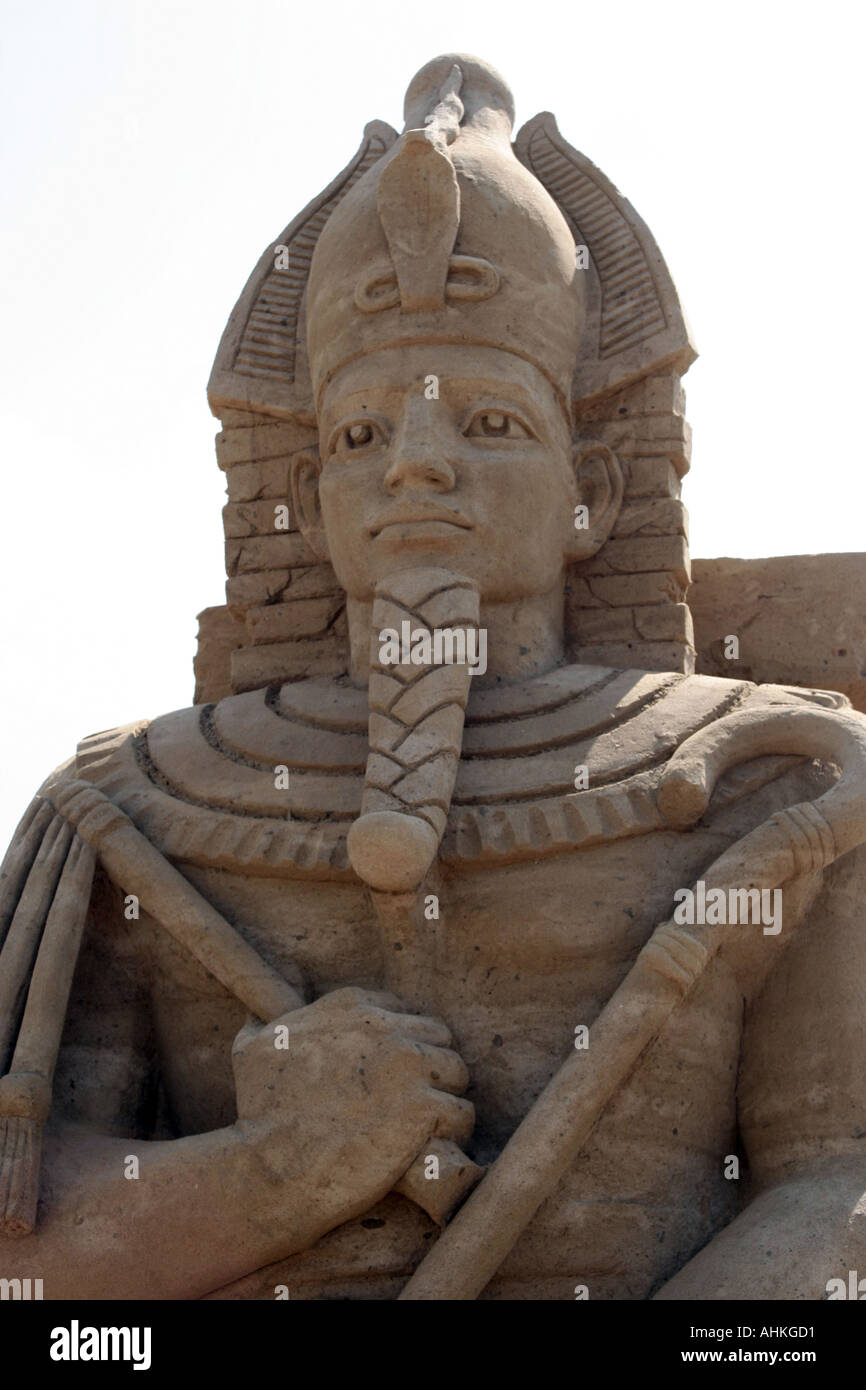 Sand sculpture of an egyptian pharaoh at the world sand sculpting ...