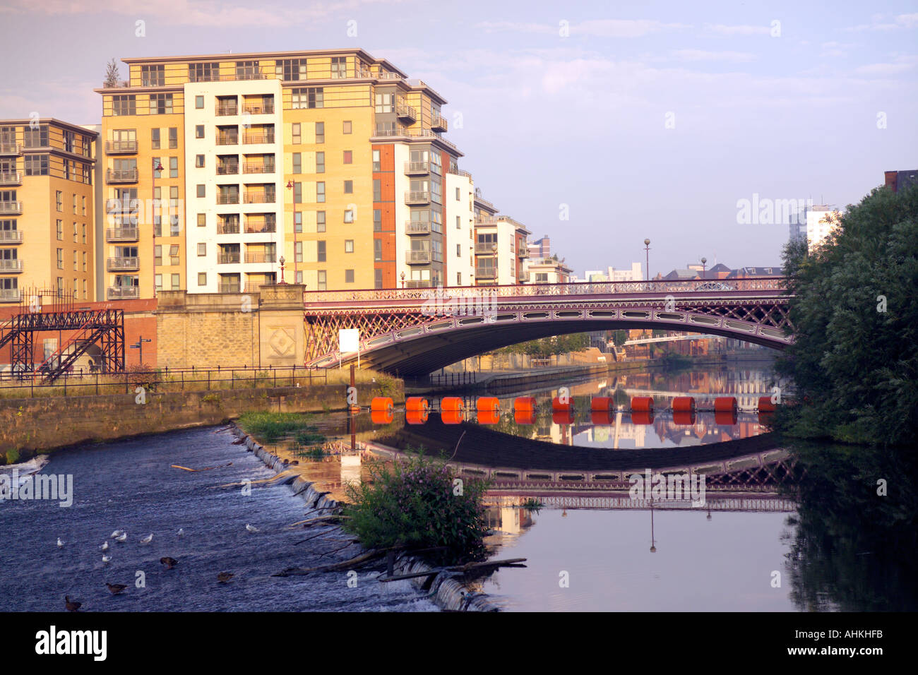 Sunrise behind Crown Point Bridge an cast iron bridge over River Aire ...