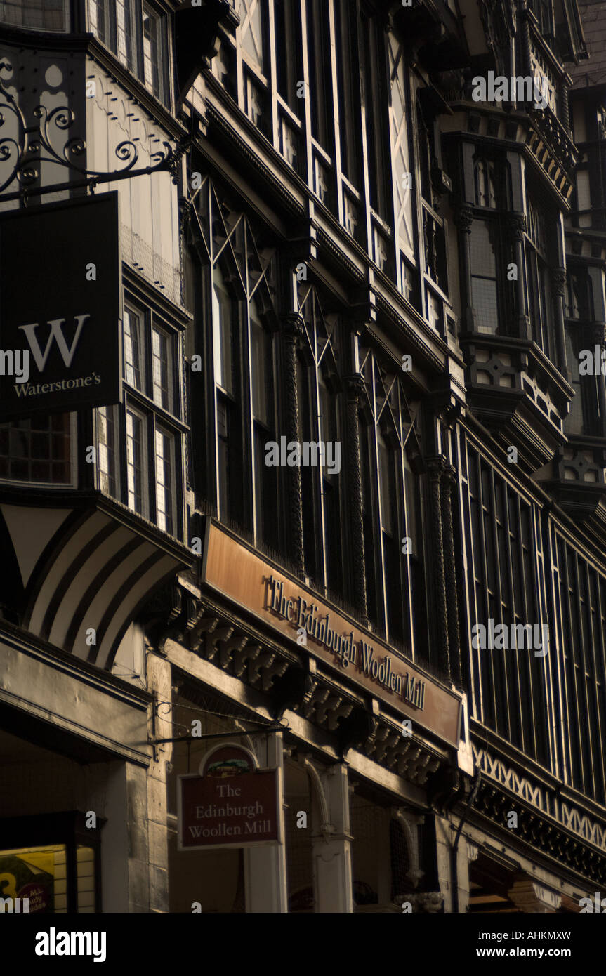 black and white old timber tudor style architecture facade of shop in ...