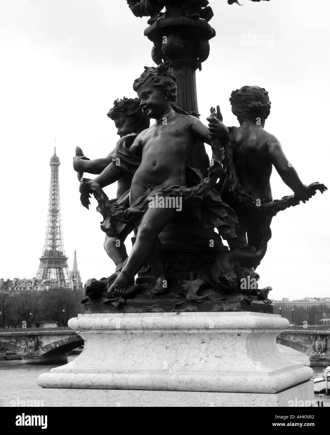 Statue on Pont Alexandre III Bridge and Eiffel Tower Paris France Stock ...