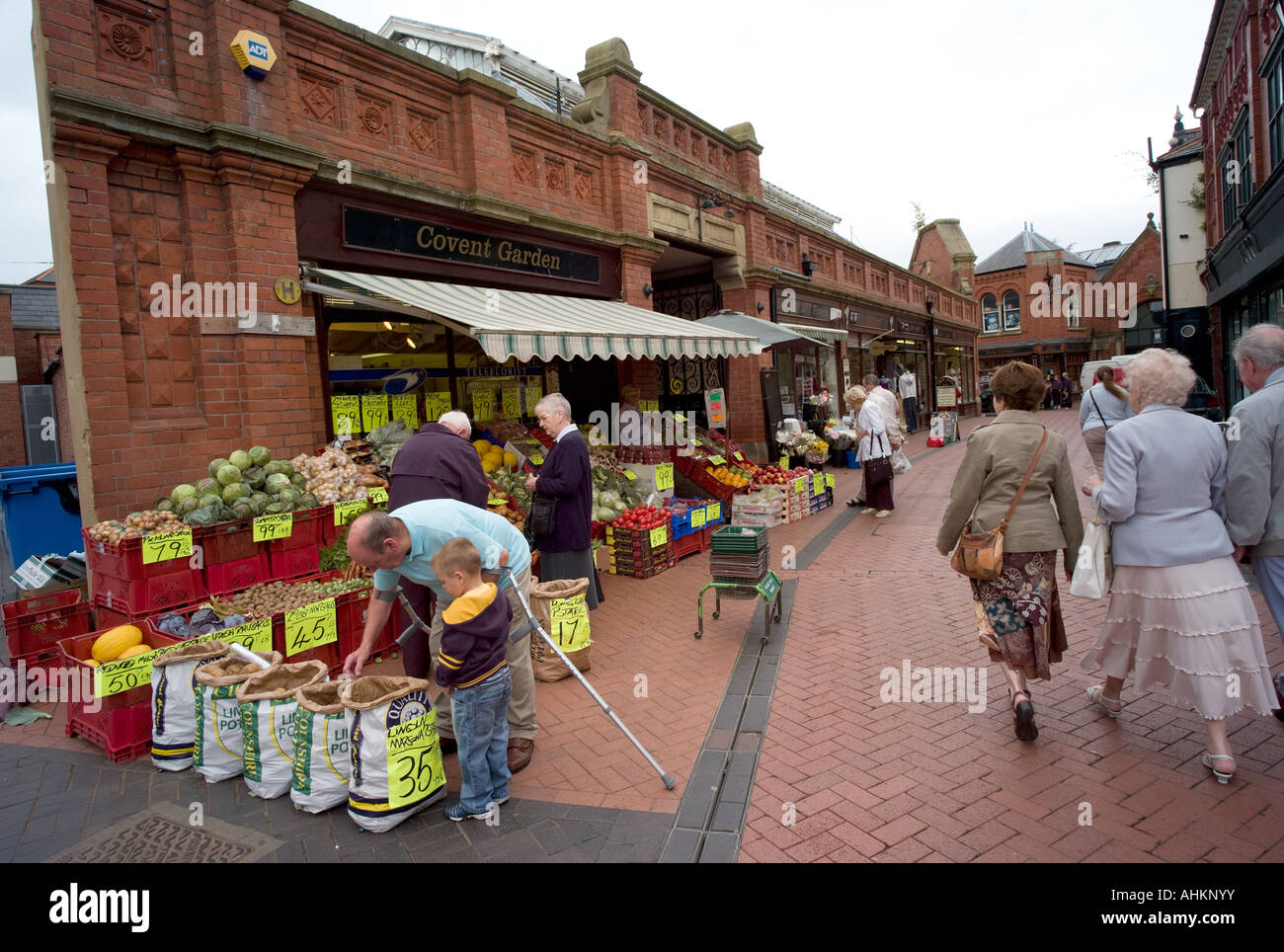 fruit and vegetable stall on street market Wrexham Flintshire north ...