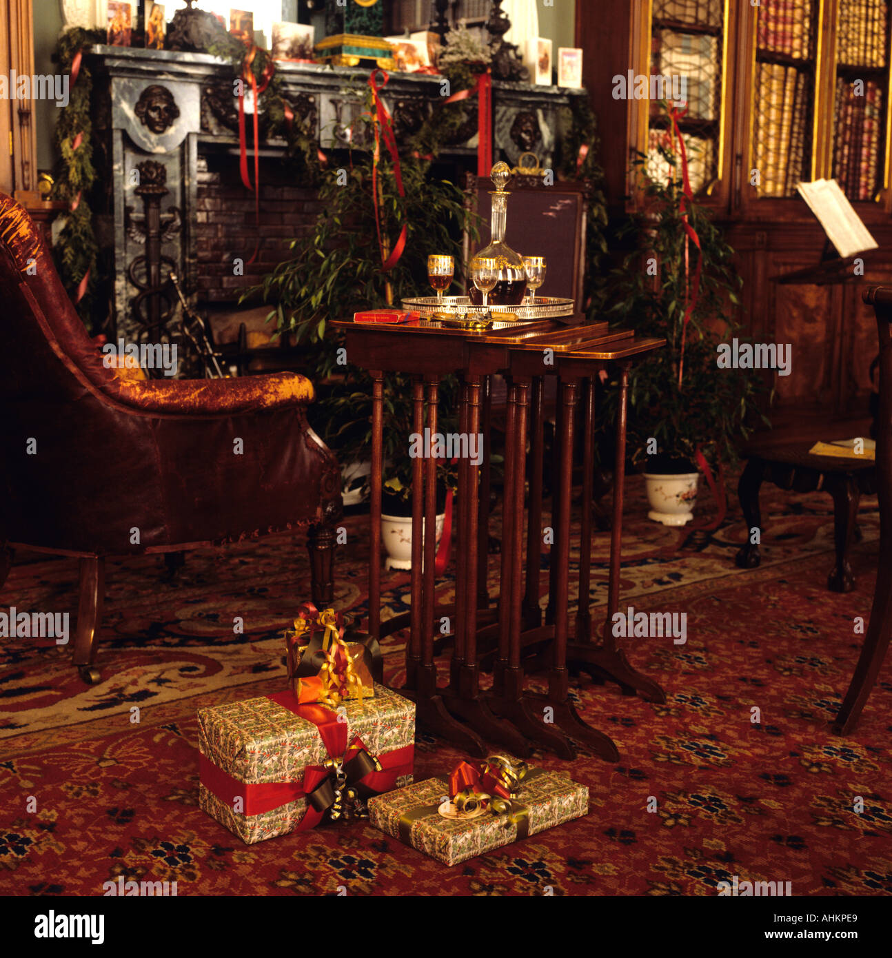 Cheshire Knutsford Tatton Hall Library at Christmas sherry and presents ...