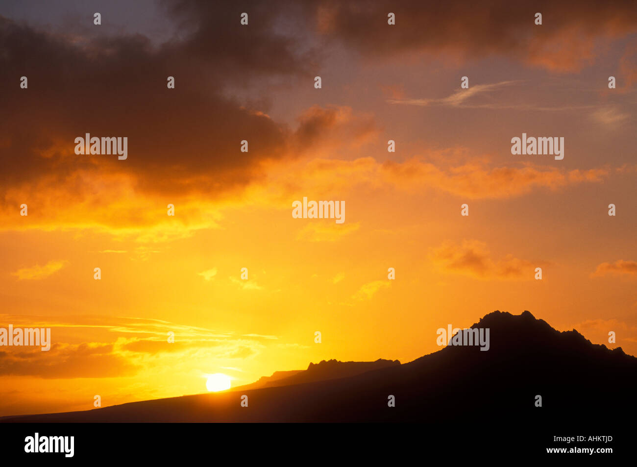 South America Falkland Islands Sun sets behind Sappers Hill west of ...