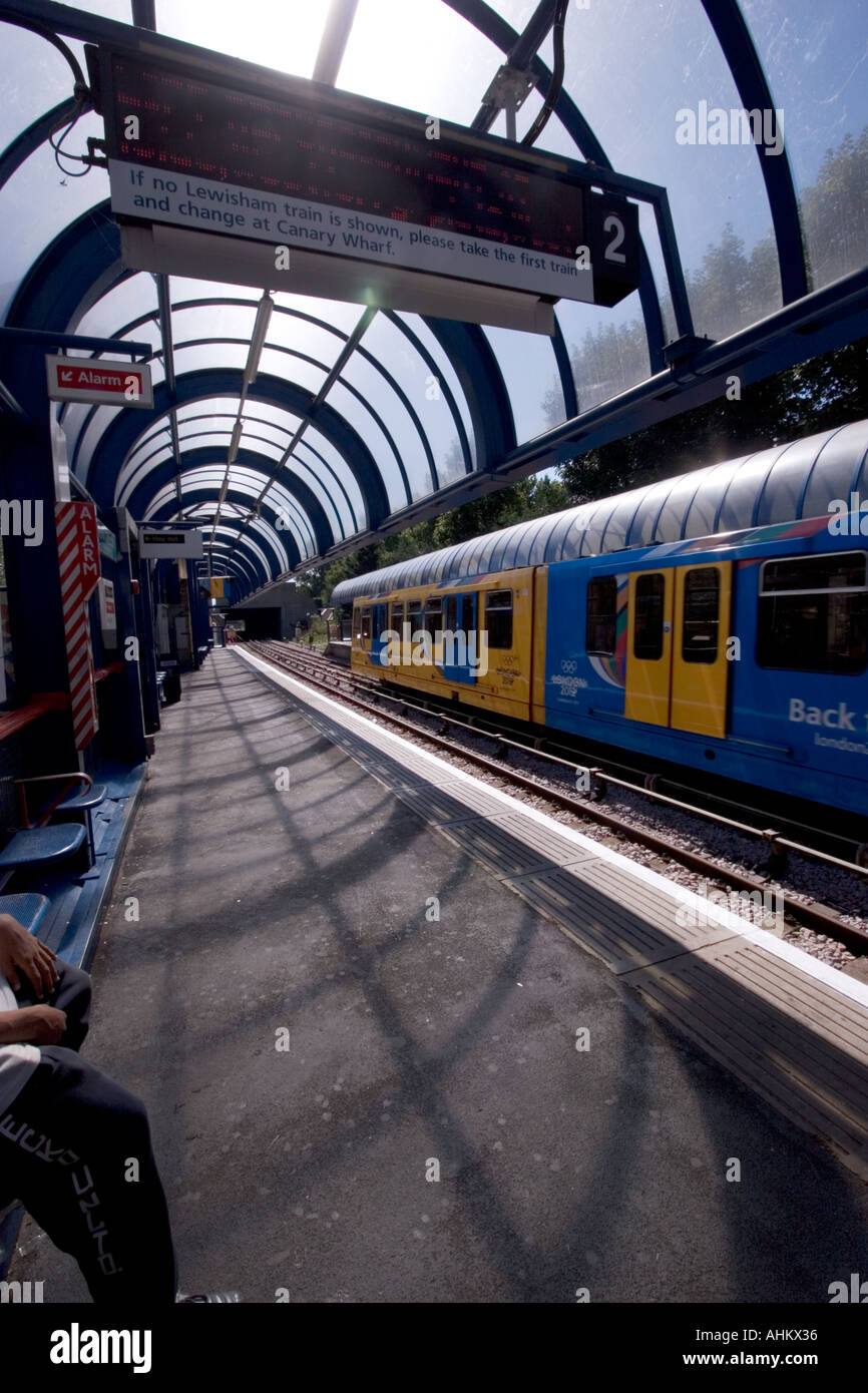 View of DLR Docklands light railway station with train Bow Church ...