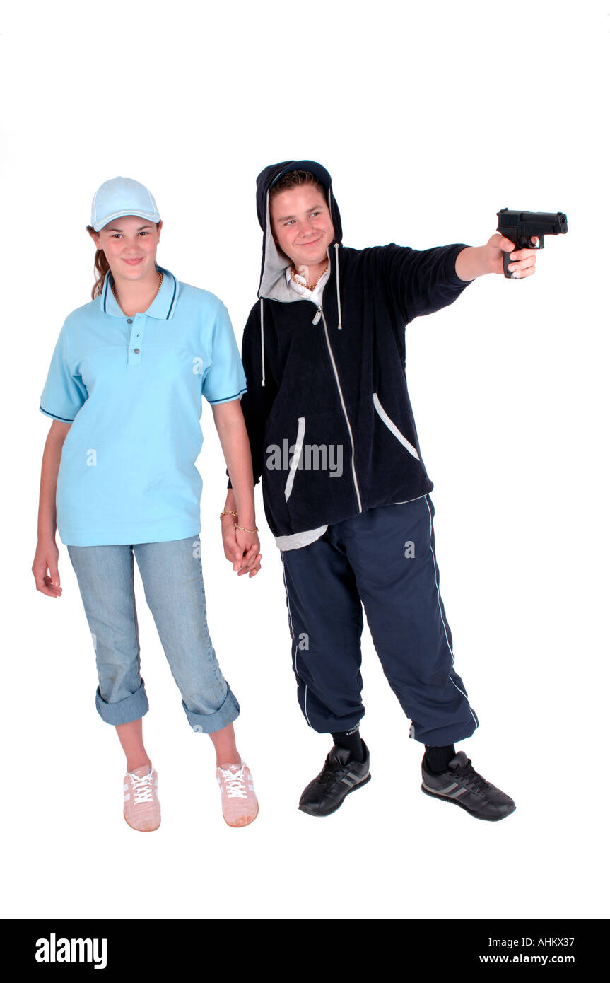 a couple of teenagers dressed as chavs in hooded tops with attitude ...
