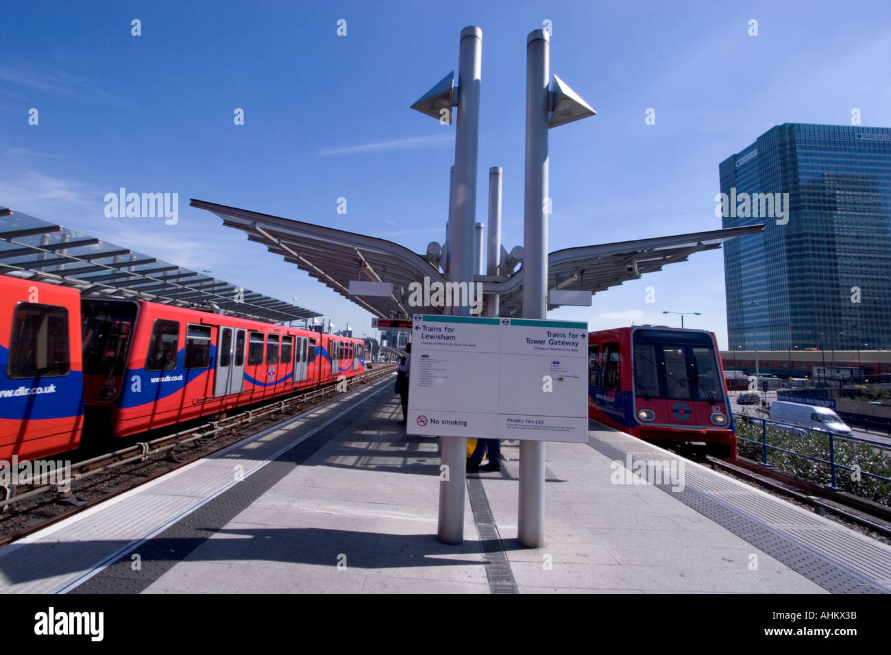 View of DLR Docklands light railway station with train Poplar Station ...