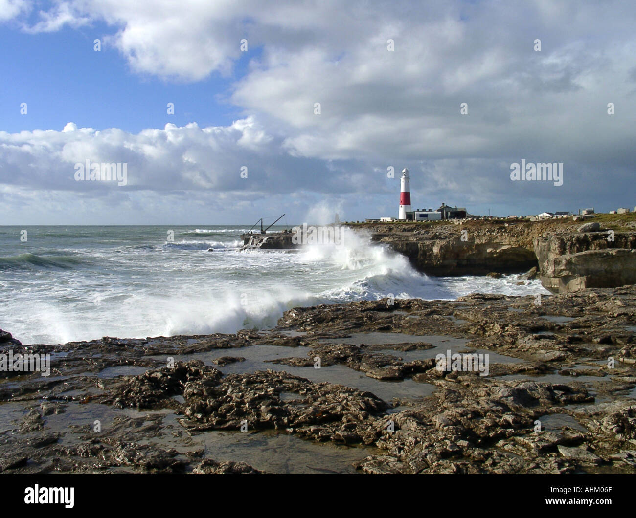 Atlantic ocean waves at Portland Bill Lighthouse, Dorset, England ...